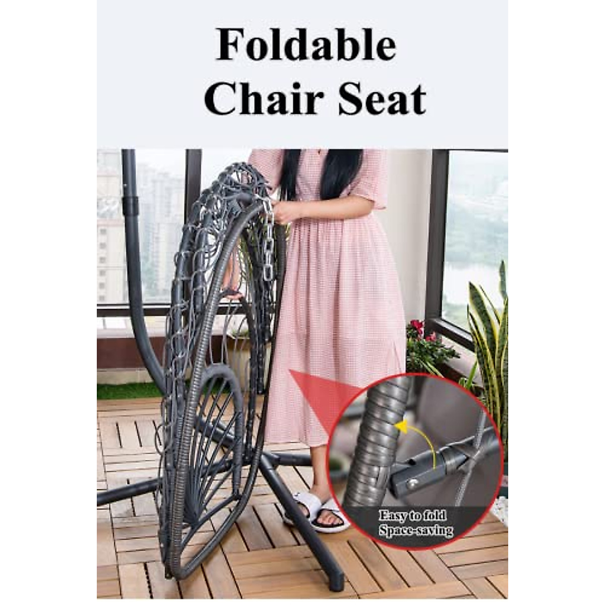 MOJIA Egg Chair with Stand and Oxford Cover, 450lbs Capacity Patio Wicker Hanging Swing Chair Indoor Outdoor with UV Resistant Cushion and Foldable Seat Basket