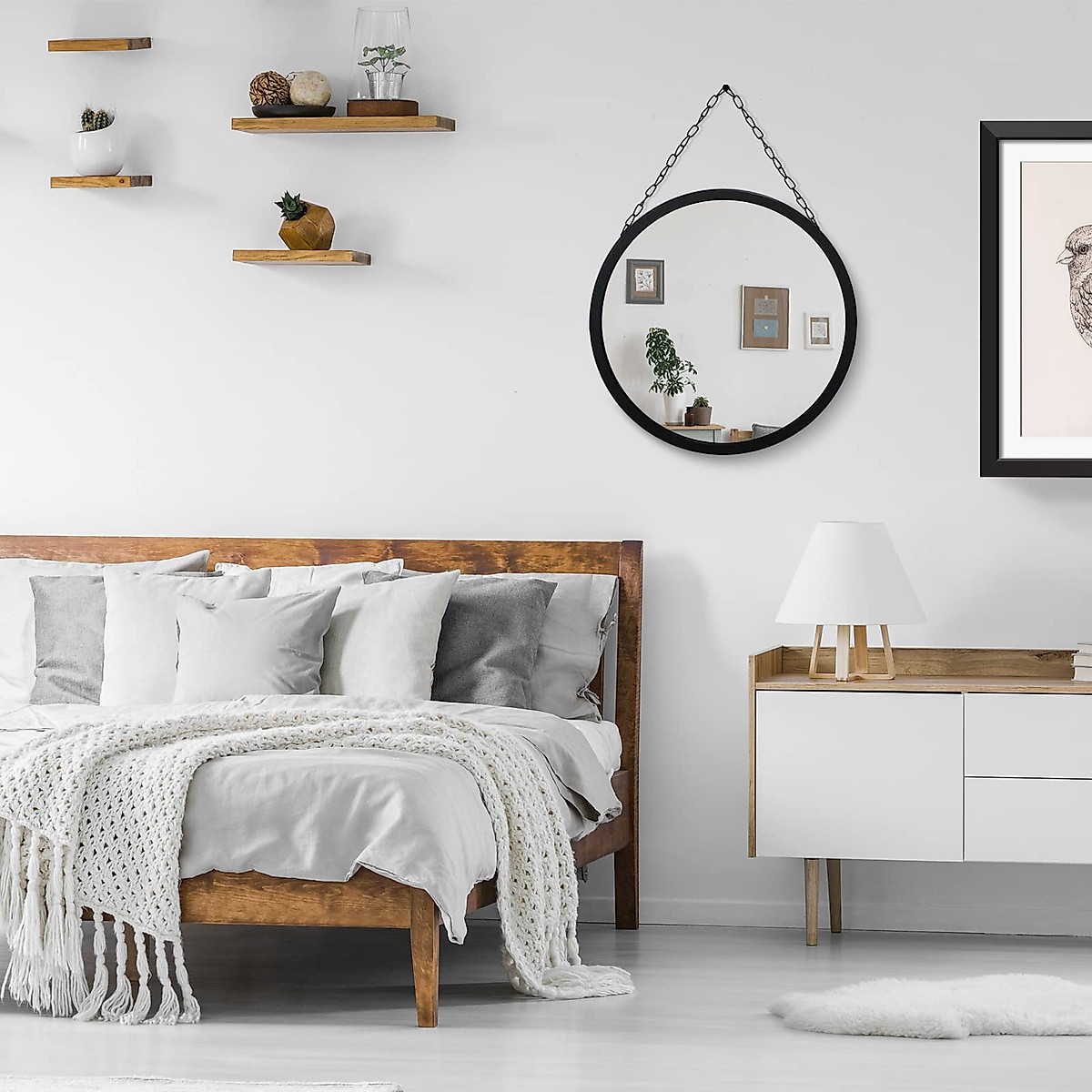 SANY DAYO HOME 12 inch Real Glass Black Round Mirror with Chain, Metal Framed Small Wall Hanging Circle Bathroom Shower Mirror for Home, Office, Door, Locker