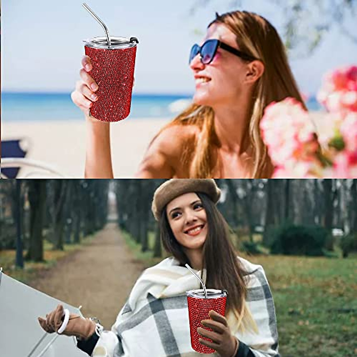 Bling Diamond Straw Cup,17oz Stainless Steel Thermal Bottle,Vacuum Double Wall Insulated Cup Glitter Water Bottle,Bling Cup, Leak-Proof Insulated Coffee Cup for Gym Fitness Travel Office Use（Red）