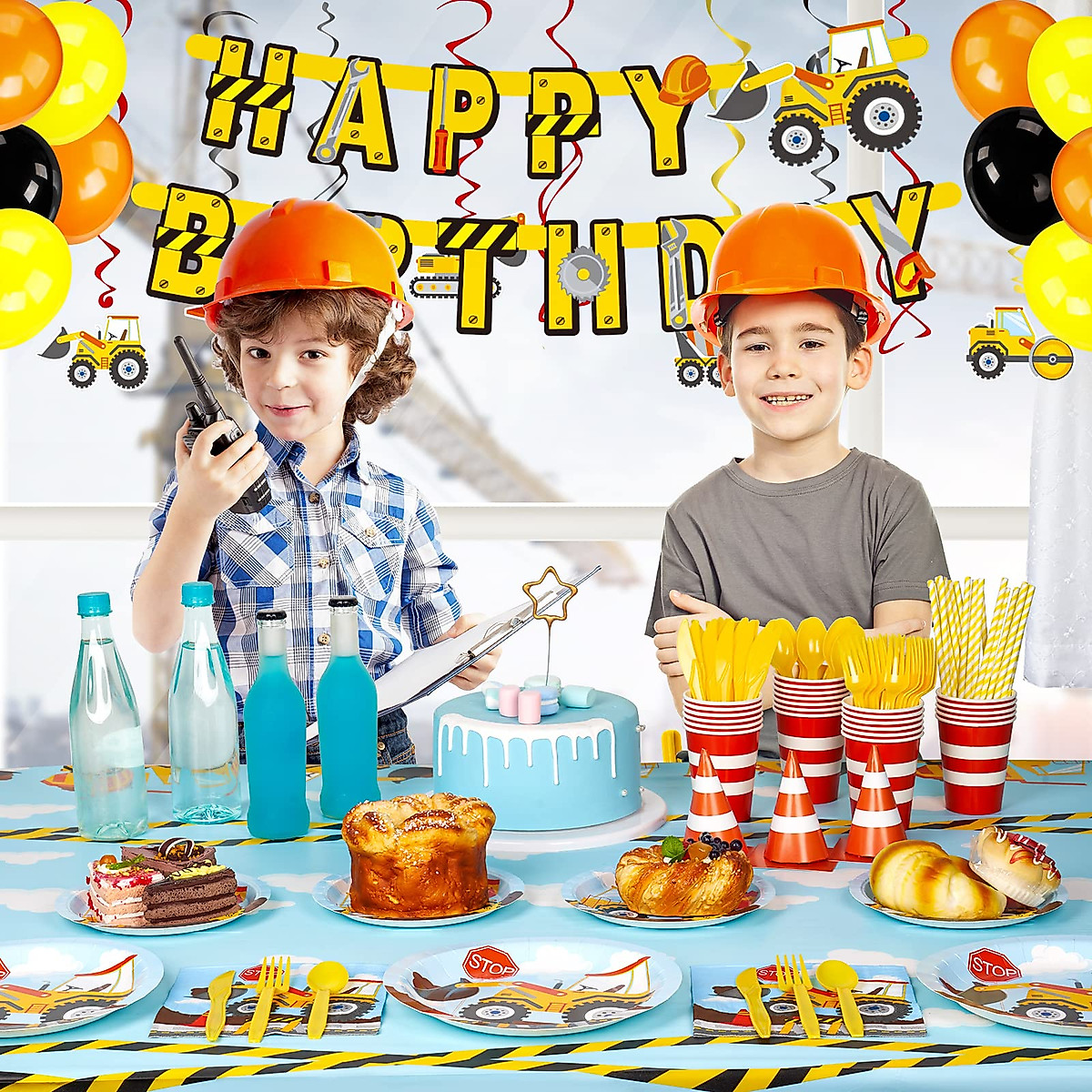 DECORLIFE Construction Birthday Party Supplies Serves 24, Construction Party Plates, 54" x108" Tablecloth, Pre-strung Banner Included, Total 170PCS