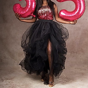 Lisong Women Maxi Tulle Floor Length Layered High Waist Special Occasion Skirt 2XL Black