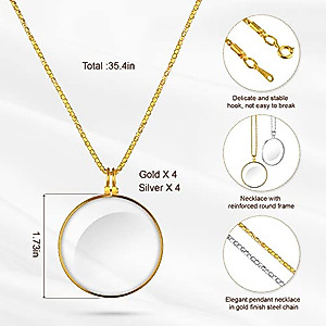 Magnifying Glass Costume Monocle Eyepiece 5X Monocle Magnifier Necklace Monocle on Chain Mini Portable Monocle Jewelry Hanging Magnifying Glass Pendant for Reading Newspaper Map, Silver Gold (8 Pack)