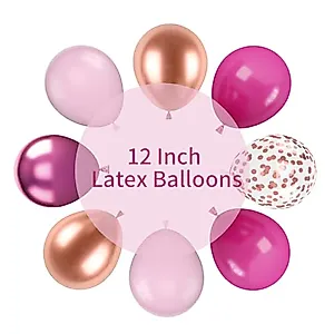 GREMAG Pink Balloons, 12inch Hot Pink Rose Gold Macaron Pink Metallic Magenta Confetti Balloon Kit with Ribbons, 60Pcs Latex Balloon for Birthday Baby Shower Anniversary Wedding Graduation Girls Party
