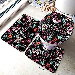 HGOD DESIGNS Cat Bath Mat,Day of The Dead Halloween Cats with Colorful Flowers Bathroom Mat 3 Piece Set Non-Slip Bathmat Antiskid Pad Doormat and Toilet Lid Cover Set
