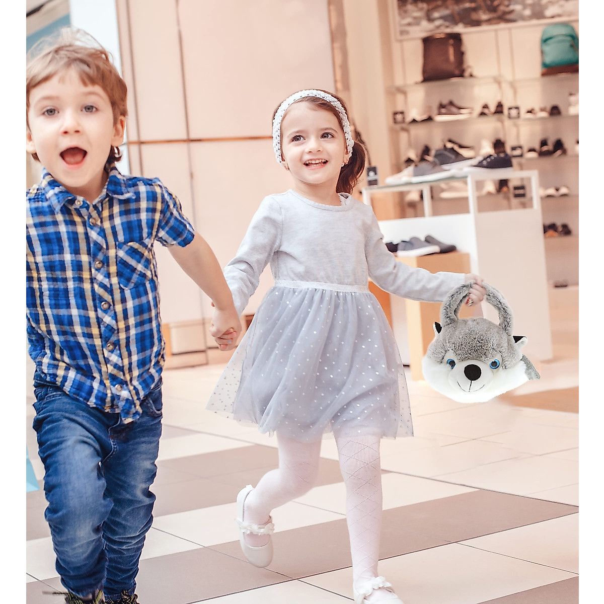 DolliBu Husky Plush Handbag - Super Soft Plush Stuffed Animal Purse for Children's Accessories, Kids Hand Bag Toy Purse, Pretend Play, Fluffy Dress Up Toy Purses for Girls & Boys