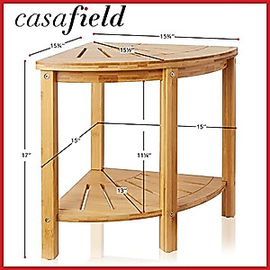 Casafield Bamboo Corner Bench with Storage Shelf, 2-Tier Wooden Bathroom Shower Stool for Indoor or Outdoor Use
