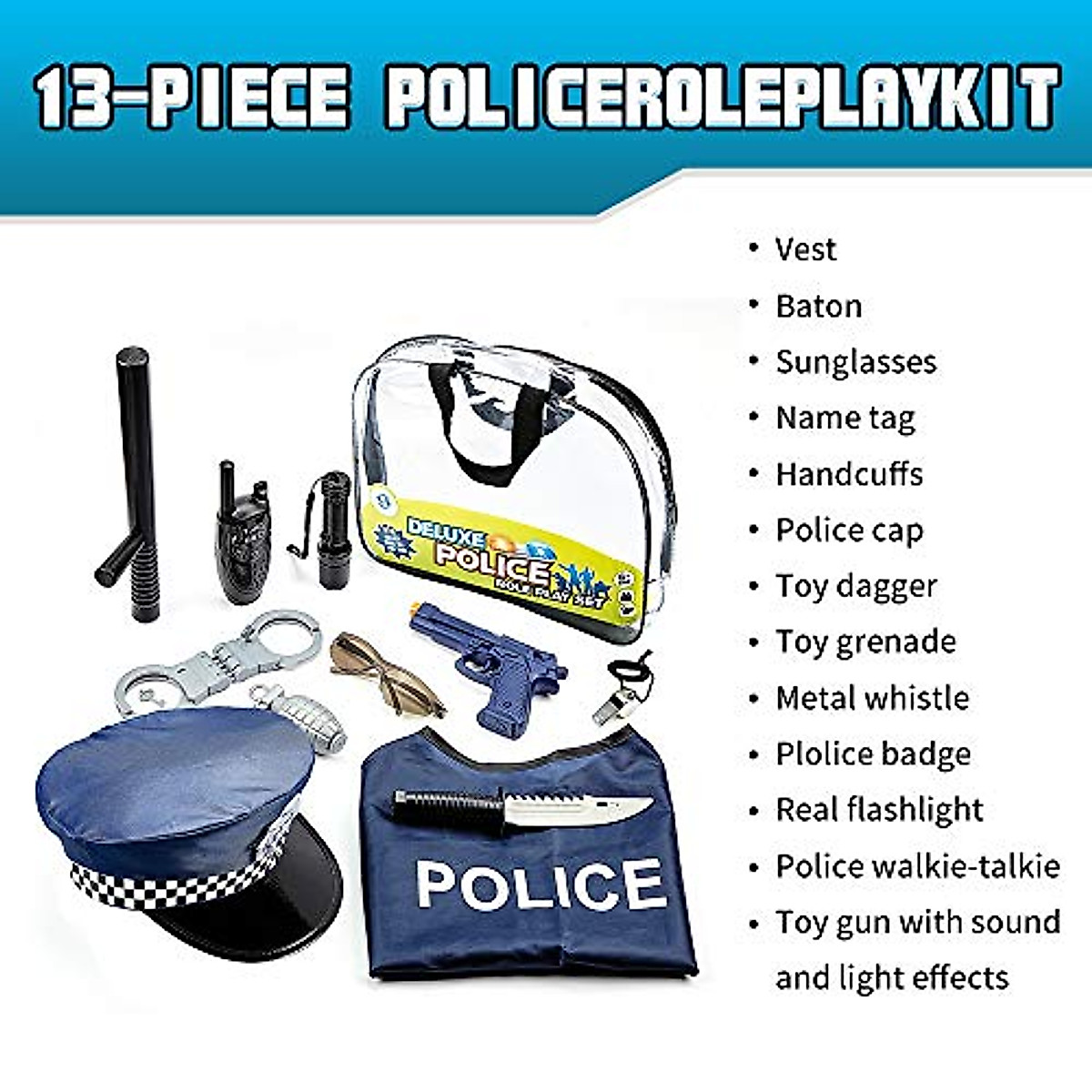 pereberi 13 PCS Police Costume for Kids Role Play Kit with Police Vest Walkie Talkie Police Badge Handcuffs Toy Gun for Boys Halloween Dress Up Clothes with Storage Bag