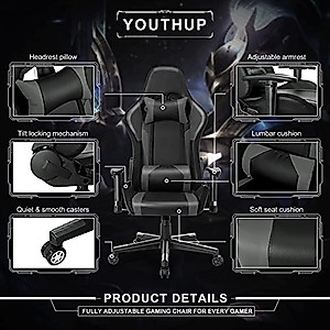 Gaming Chair with Speakers Video Game Chair with RGB LED Lights Ergonomic Racing Office Chair PU Leather Recliner Computer Chair Swivel E-Sports Chair with Lumbar Support Headrest Armrest, Black