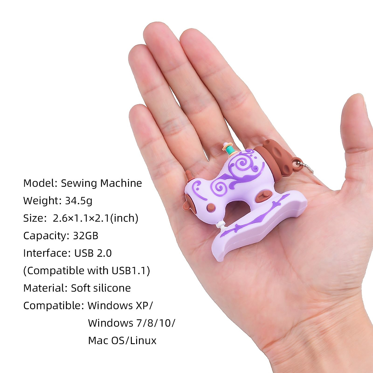 BorlterClamp 32GB USB Flash Drive Cute Cartoon Sewing Machine Model Memory Stick, Gift for Students and Children (Purple)
