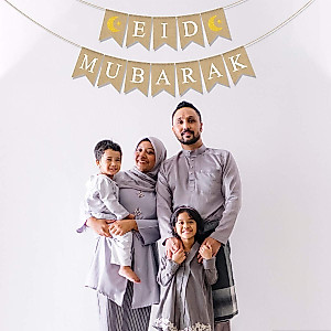 Jute Burlap Eid Mubarak Banner with Moon and Star Ramadan Home Mantel Fireplace Decoration