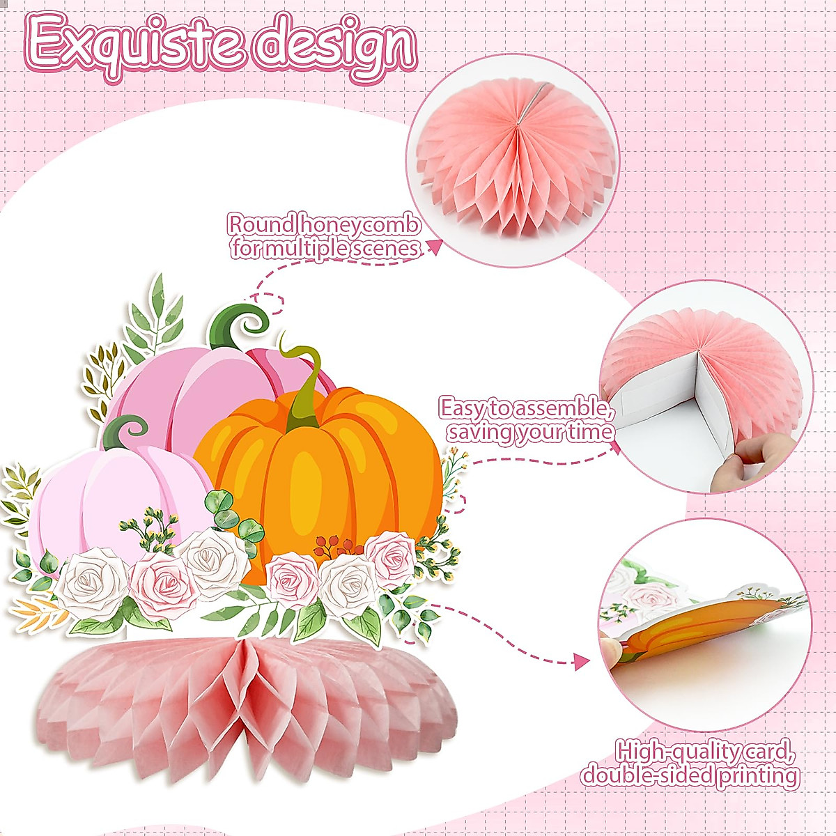 12PCS Little Pumpkin Baby Shower Decorations Honeycomb Centerpiece Fall Party Table Decor for Girls Pink Table Toppers Honeycomb 3D Table Decoration for Baby Shower Birthday Party Supplies