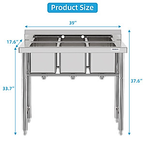 3 Compartment Stainless Steel Bar Sink, Commercial Grade Utility Basin, Free Standing Restaurant Sink Station with Adjustable Bullet Feet&High Backsplash, 11"Lx10"Wx10"H Laundry Tub Culinary Sink