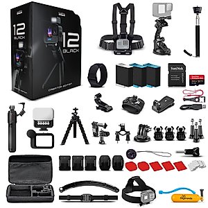 GoPro HERO12 Black Creator Edition - includes Volta (Battery Grip, Tripod, Remote), Media Mod, Light Mod, Waterproof Action Camera + 64GB Card, 50 Piece Accessory Kit and 2 Extra Batteries