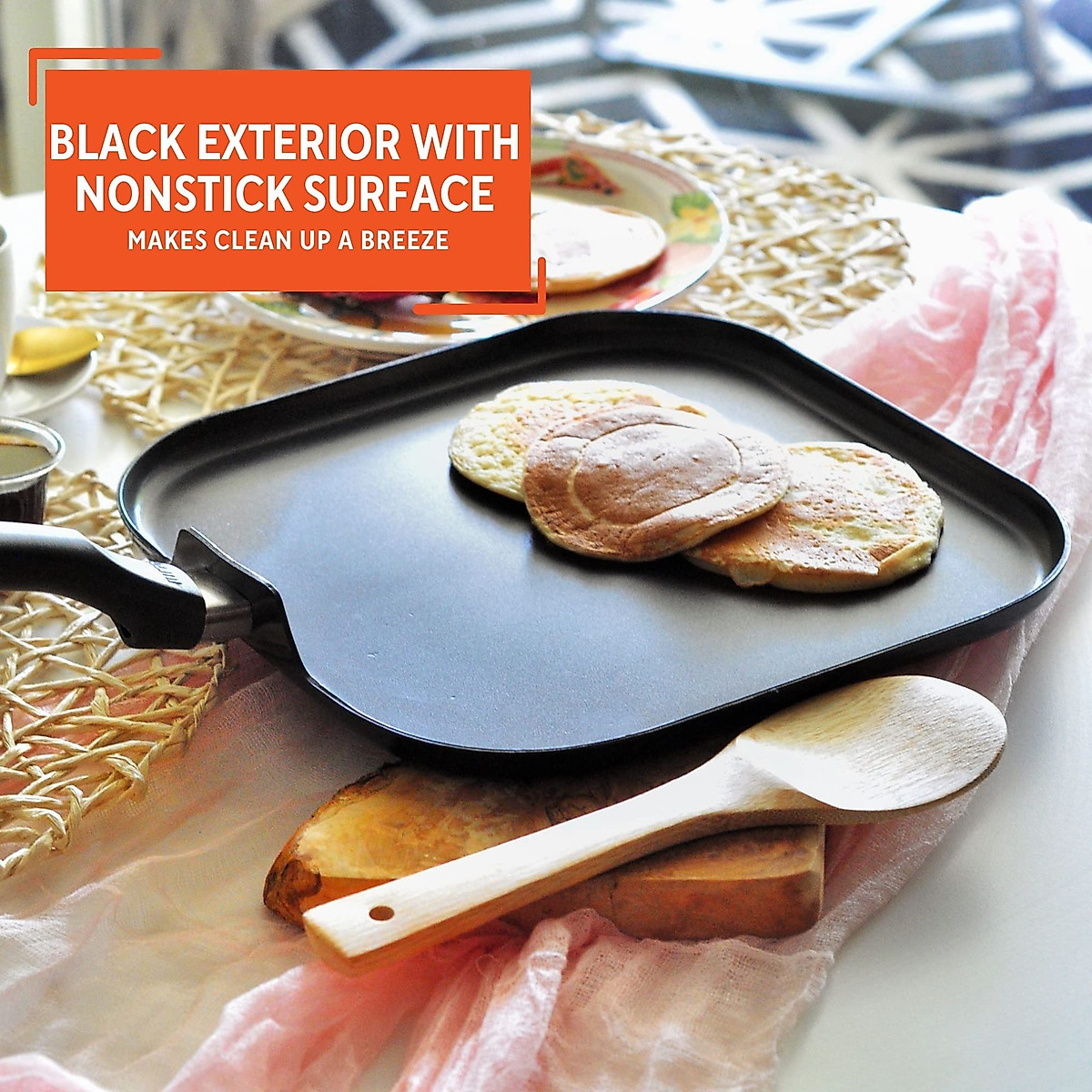 IMUSA 11in Bistro Aluminum Nonstick Square Griddle with Cool Touch Handle, Black