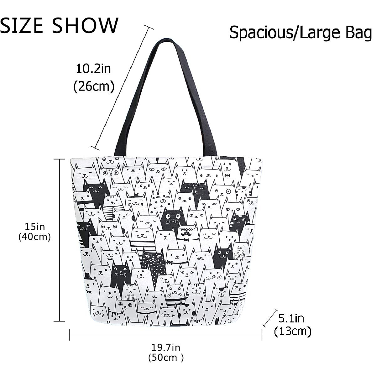 ZzWwR Cute Cartoon Black White Cats Pattern Extra Large Canvas Market Beach Travel Reusable Grocery Shopping Tote Bag Portable Storage HandBags
