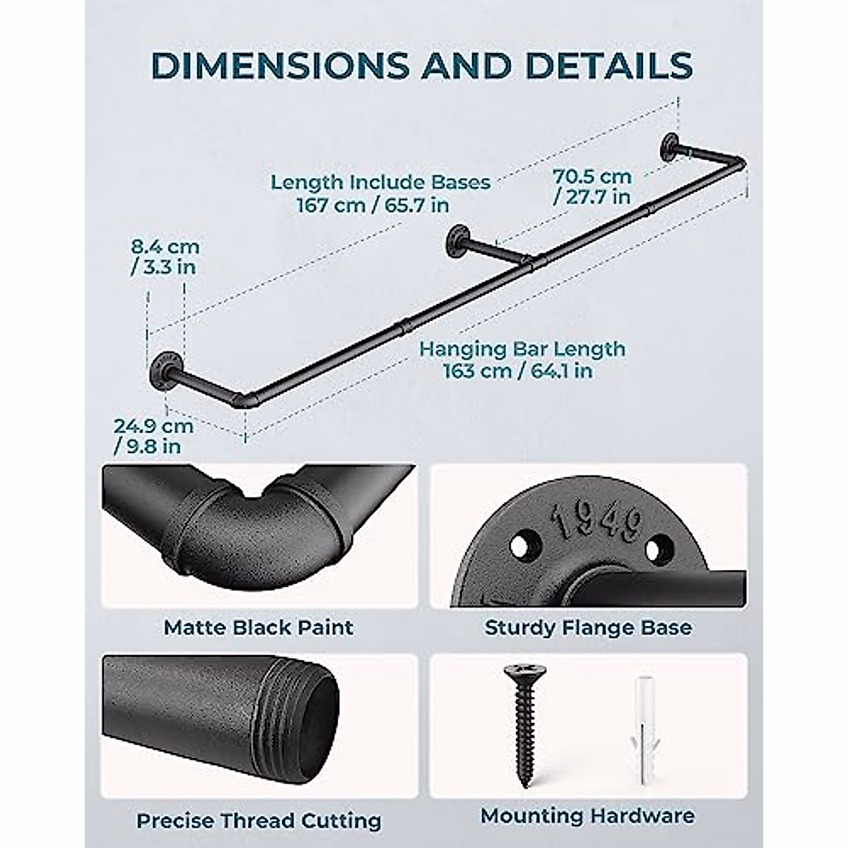 OROPY Clothes Rack, 65.7" Industrial Pipe Clothing Rack for Hanging Clothes, Wall Mounted Heavy Duty Space Saving Garment Rack for Closet Storage, Black, 3 Base