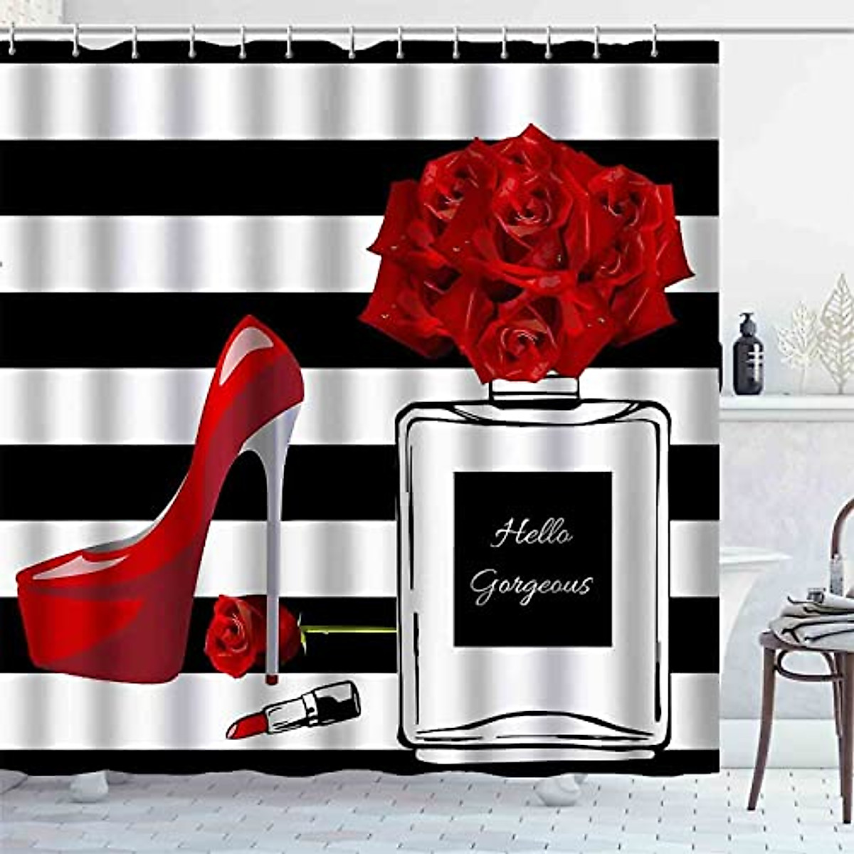 Dia Magico 4PCS Red High Heels Shower Curtain Set, Black White Striped Hello Gorgeous Perfume Lipstick Cosmetic Makeup Rose Flower Romantic Women Bathroom Decor Fabric Shower Curtain Non-slip Bath Mat