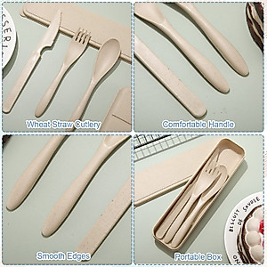 Yahenda 28 Sets Reusable Travel Utensils Set with Case Wheat Straw Cutlery Portable Spoon Knife Fork Tableware Set Lunch Box Bulk for Operation Christmas Adults Kids Travel Picnic(Pastel Color)