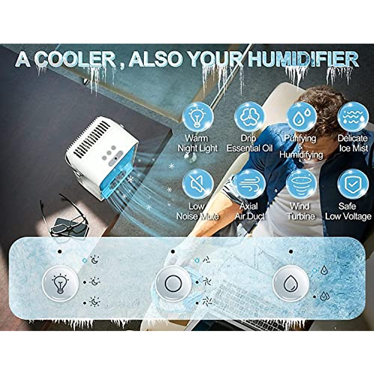 Portable Air Conditioner Fan, Personal Space Air Cooling Fan for Home Office Room, Personal Evaporative Cooler & Humidifier, with Handle/LED Light/Humidifier, for Small Room/Dorm/Bedroom/Camping