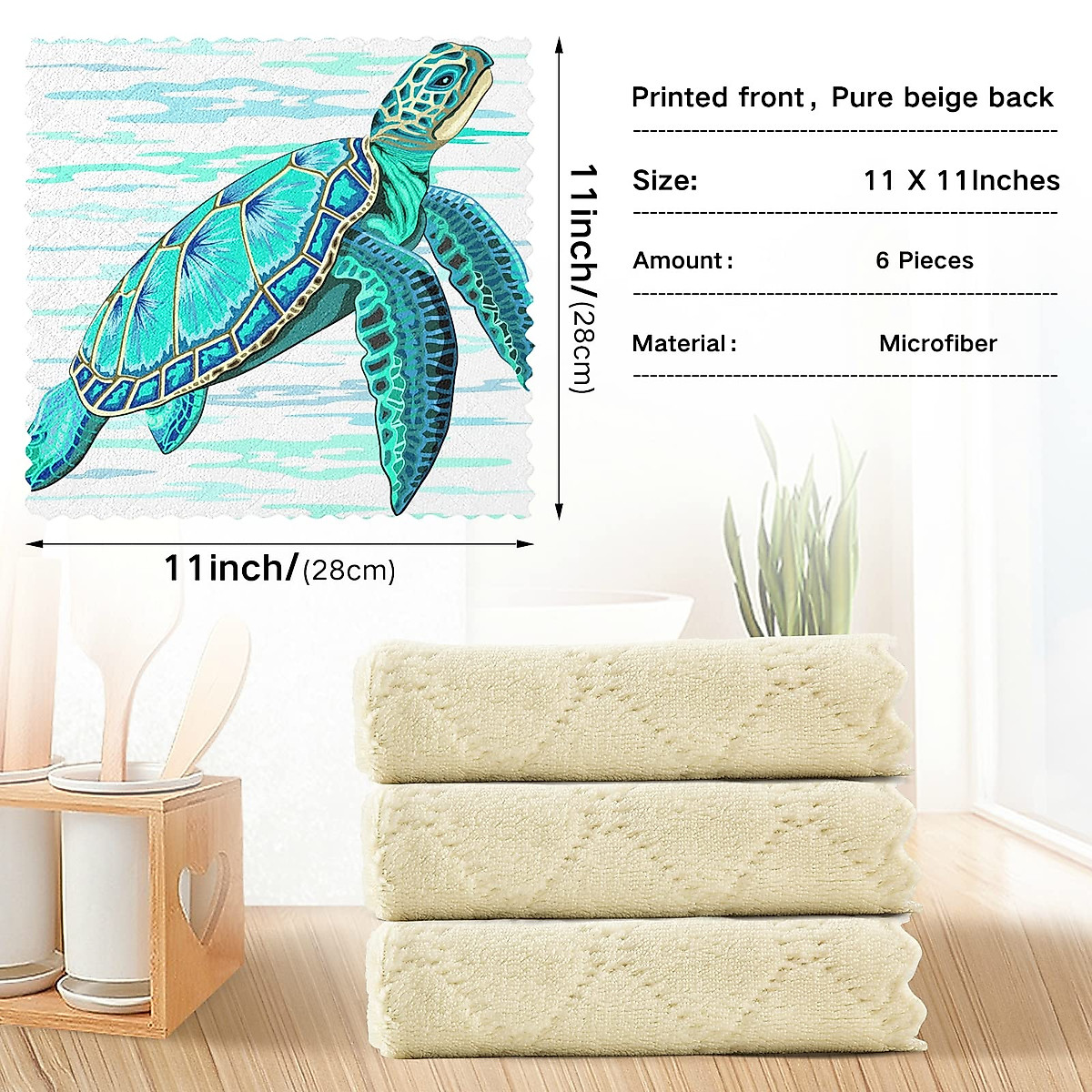 Sea Turtle Turquoise Teal Kitchen Dish Cloths Ocean Sea Life Marine Microfiber Cleaning Towels Absorbent Dishcloths Fast Drying Washcloths for Car Window Bathroom 11x11 inch Pack of 6