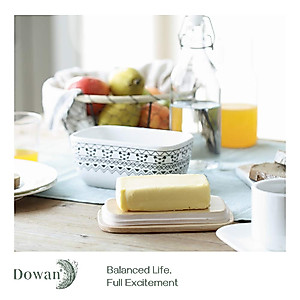 DOWAN Butter Dish with Lid, Ceramic Covered Butter Holder, White Butter Keeper Container, Farmhouse Butter Dish for Countertop Holds up to 2 Sticks, Modern Bohemian