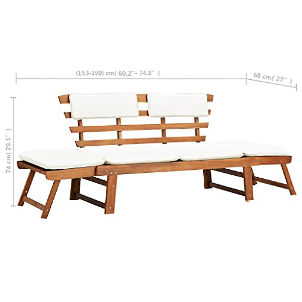 vidaXL Solid Acacia Wood Patio Bench with Cushions 2-in-1 Outdoor Garden Lawn Yard Terrace Balcony Lounge Bed Seat Seating Furniture