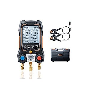 Testo 550s Kit I App Operated Digital Manifold for HVAC and Refrigeration with 2 x Wired Temperature clamp Probes I High and Low Side Pressure Measurement, Superheat and subcooling – with Bluetooth