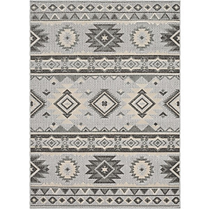 Well Woven Tuscon Grey Indoor/Outdoor Southwestern Area Rug (5'3" x 7'3") High Traffic Stain Resistant Geometric Medallion Carpet