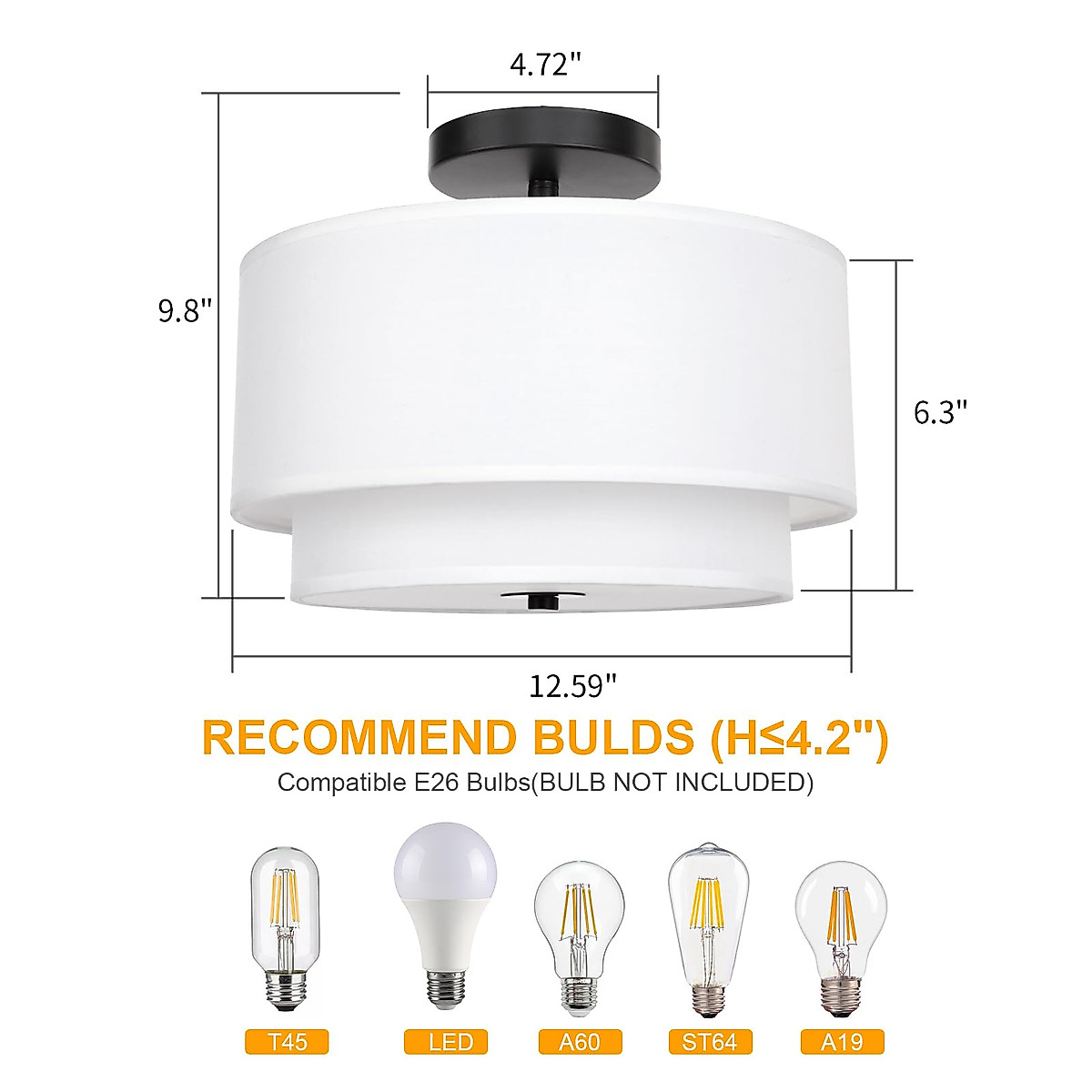 Modern Flush Mount Ceiling Light Fixture - Easric Light Fixtures Ceiling Mount Hallway Light Fixtures Ceiling with White 2-Layer Fabric Shade Drum Ceiling Lights for Bedroom,Living Room,Kitchen,Foyer