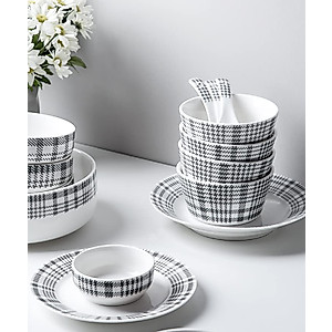 Colias Wing 5 Inches Black Checked Pattern Design Ceramic Salad/Pasta/Fruit/Appetizer/Dessert Bowls-Set of 2-White