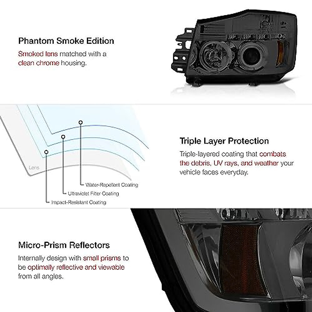 HH Building 2pcs Headlight Front Left Right Side LED Smoke Halo Projector Lamp Extended ////Pro4X 260607S026 444-NTI04-HL-SM NI2503168