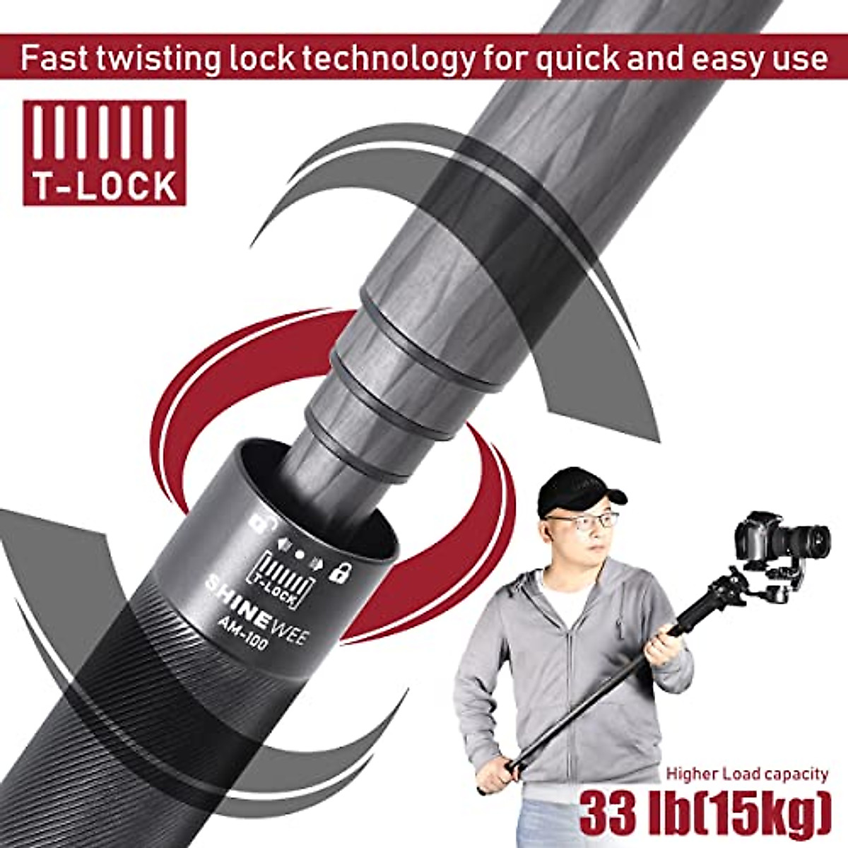 Carbon Fiber Extension Pole,Fast Twisting Lock 4 Section Tube,1/4" Screw Mount Compatible with Camera Phone Gimbal Stablizer Gopro DJI Osmo,Lightweight Digital Camera Selfie Stick