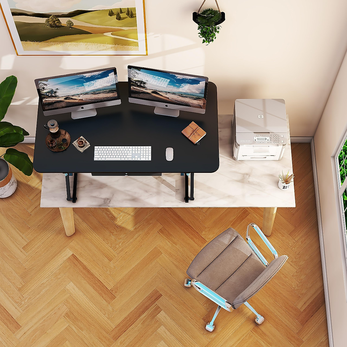 Lubvlook Standing Desk Converter, 42 x 24 Inches Height Adjustable Sit Stand Desk Riser for Dual Monitors with Drawer, Black