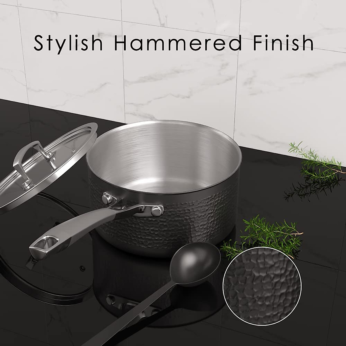 Homaz life Pots and Pans Set, Tri-Ply Stainless Steel Hammered Kitchen Cookware, Induction Compatible, Dishwasher and Oven Safe, Non-Toxic, Professional Grade Cooking Sets (Black, 7-Piece)