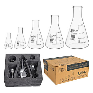 EISCO Premium Erlenmeyer Flask Set - 50ml, 150ml, 250ml, 500ml & 1000ml - Narrow Neck, White Graduations - Superior Durability & Chemical Resistance - Borosilicate 3.3 Glass