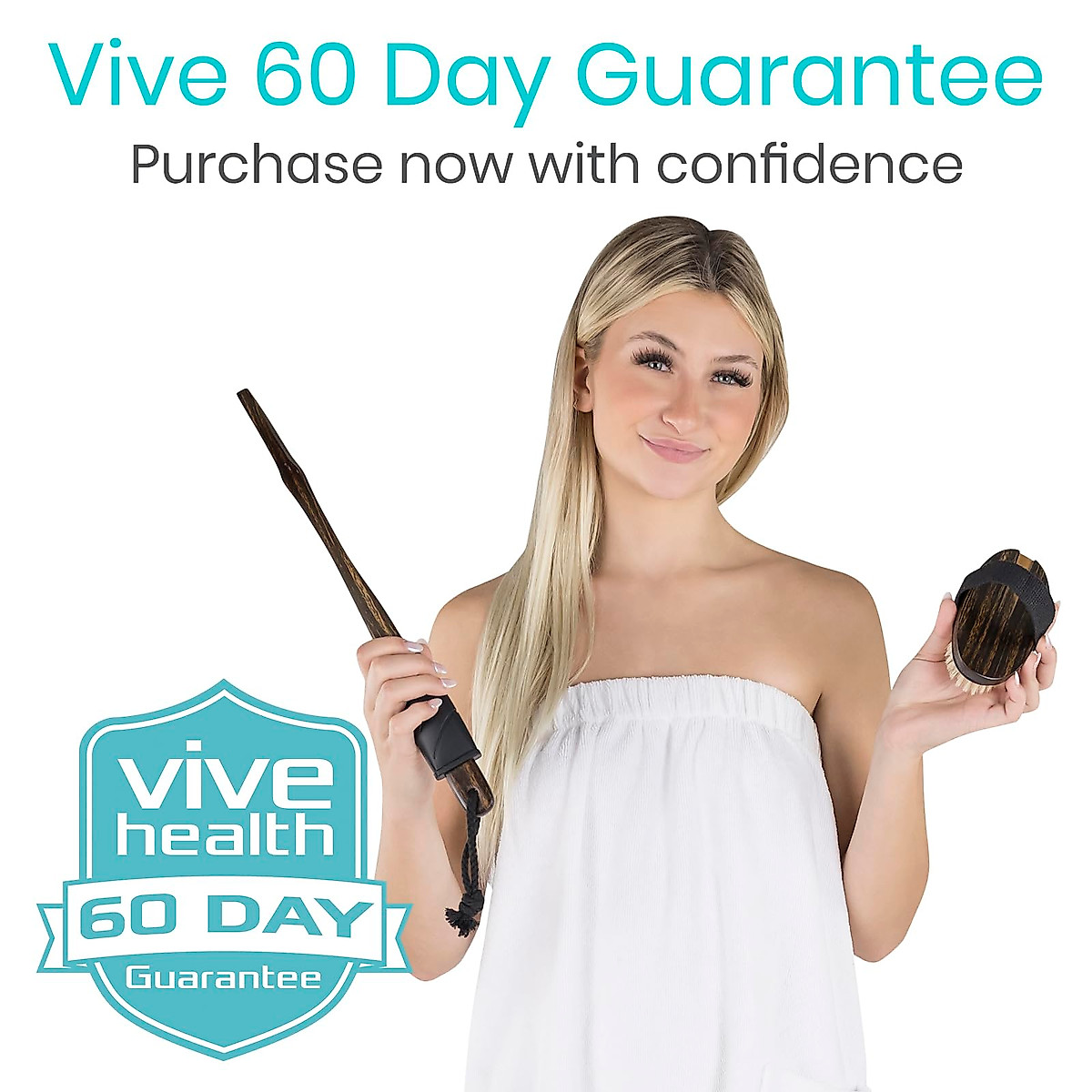 Vive Dry Brush Set for Lymphatic Drainage (3 Pieces) - Brushing Scrubber for Exfoliating, Body Cellulite and Skin Massage - 100% Natural Boar Hair Bristles, 14” Long Dark Wooden Handle w/Storage Bag