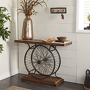Deco 79 Wood Bike Wide Slatted Top Console Table with Dual Wheel Frame and Tiered Base, 36" x 25" x 12", Brown