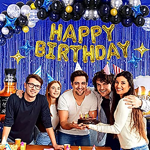 Blue and Gold Birthday Decorations, Birthday Decorations for Men, Happy Birthday Banner for Men Women Boys with Foil Fringe Curtains Crown Confetti Navy Blue Balloons for 25th 30th 40th 50th 60th