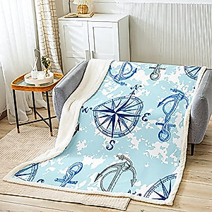 Anchor Decor Sherpa Blanket Nautical Compass Blanket for Bed Couch Travel Sofa Ocean Marine Themed Fleece Throw Blanket Kids Adults Soft and Cozy Sea Adventure Plush Fuzzy BlanketTwin 60"x80"