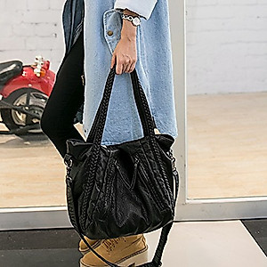 Big Capacity Slouchy Soft Leather Women Black Handbag Shoulder Hobo Bag Lady Tote Purse Crossbody Satchel (Large)