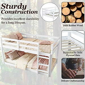 Bunk Bed Twin Over Twin, Floor Bunk Bed with Ladder, Solid Rubber Wooden Low Twin Bunk Beds for Kids Teens , Ideal for Multiple-Child Family, Apartment, Dormitory, No Box Spring Needed,White