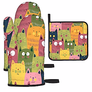 Cute Cat Oven Mitts and Pot Holders Sets of 3 Funny Animal Insulated Kitchen Golves Heat Resistant Potholders for Cooking Baking Grilling BBQ, Cat Gifts for Women