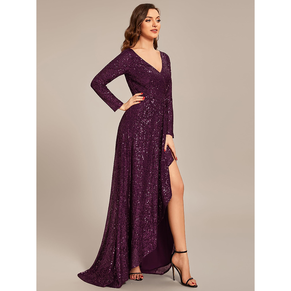 Ever-Pretty Women's Sexy Deep V-Neck Long Sleeves Slit Sequin Cocktail Dresses Dark Purple US10