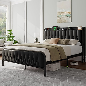 Einhomn Queen Bed Frame with Charging Station, Platform Bed with Faux Leather Upholstered Storage Headboard & Footboard, 12" Underbed Space, Noise-Free, Easy Assembly, No Box Spring Needed, Black