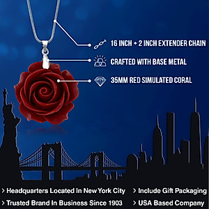 Gem Stone King 35MM Red Simulated Coral Carved Rose Flower Pendant with 16 Inch + 2 Inch Extender Chain