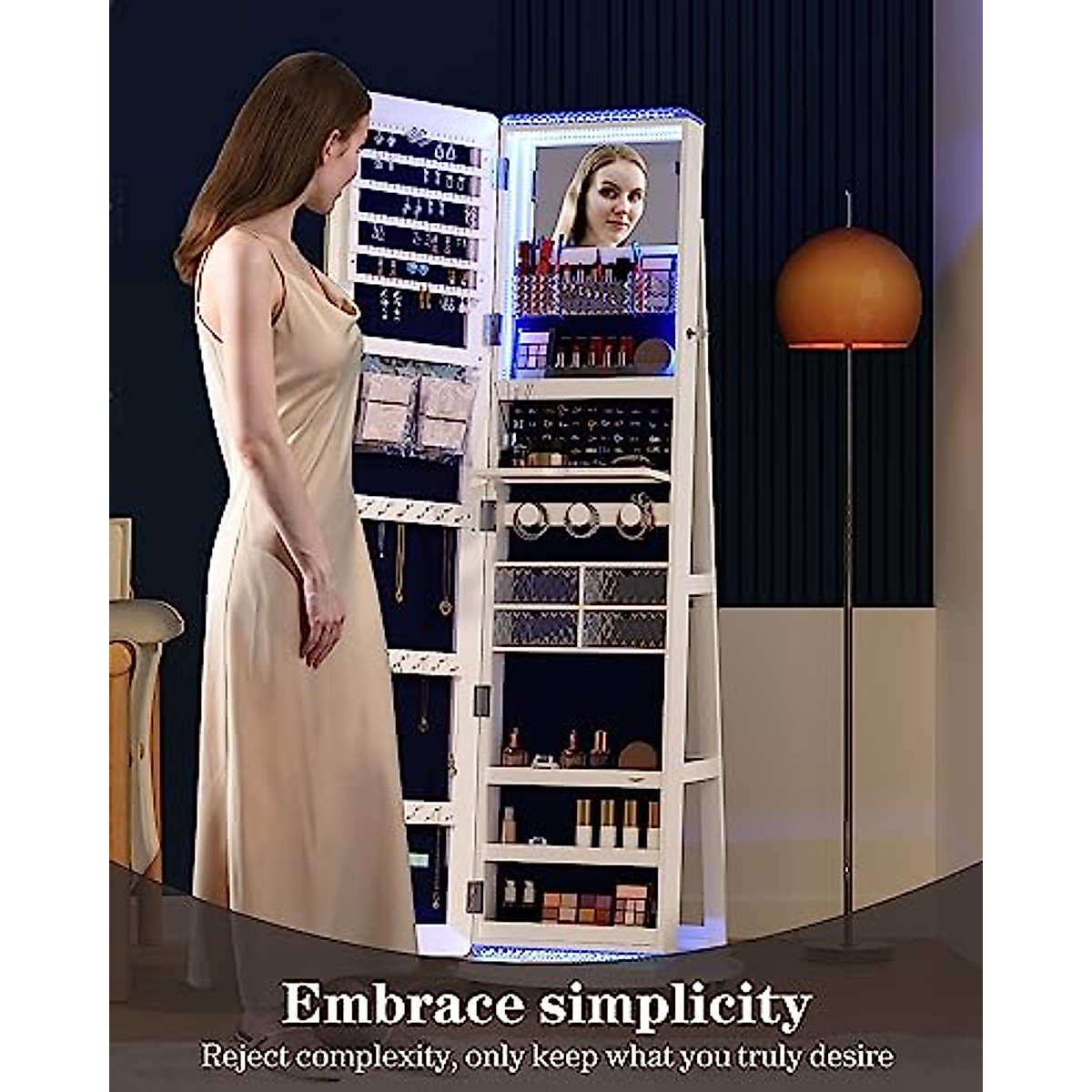 HWB Full-length mirror Jewelry Cabinet Standing with Lights 6297 (White 2)