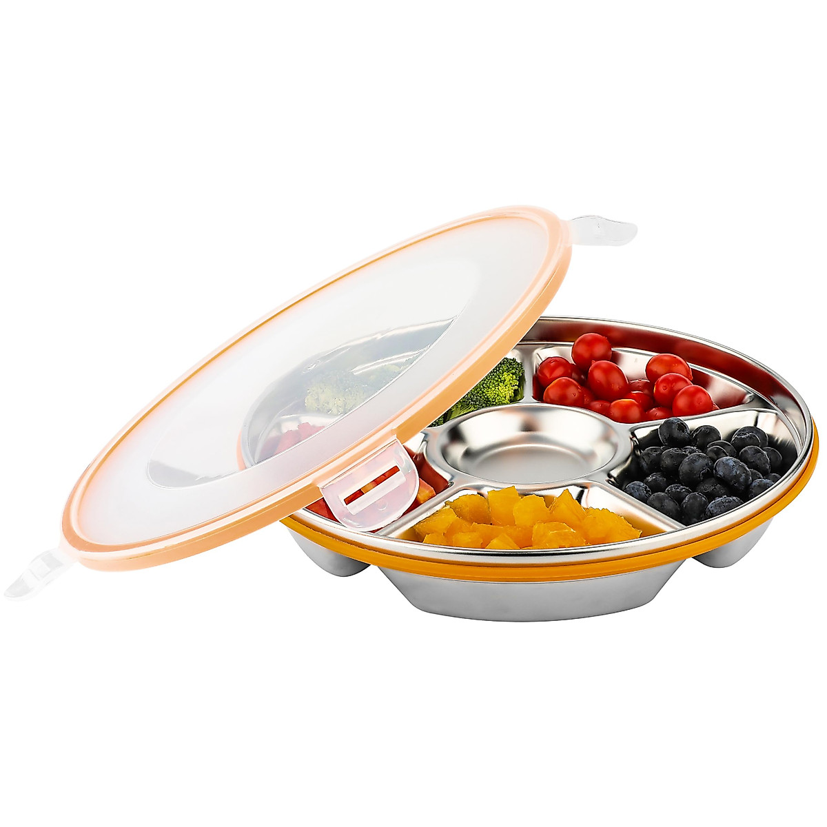 YENXIKU Divided Serving Tray with Lid, Stainless Steel Veggie Tray with Plastic Lid, Reusable Vegetable Platter, Snack Tray, Snackle Box for Party, Easy to Clean (6 Compartments, 60oz)