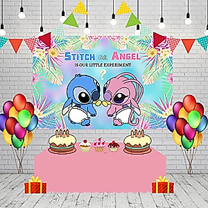 Stitch and Angel Gender Reveal Backdrop Summer Hawaii Baby Shower Banner for Party Decorations Supplies 5x3ft