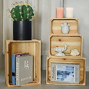 MACVAD Set of 4 Large Wooden Crates Unfinished Office Storage Crates, Decorative Wood Storage Crates for Display, Rustic Pine Wood Organizer Bin Basket for Kitchen Pantry Bathroom