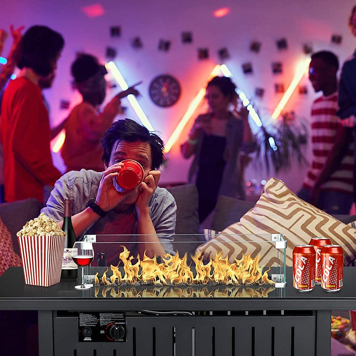 43 inch Propane Gas Fire Pit Table with Glass Wind Guard,2 in 1 Propane Fire Pit Outdoor Rectangle Gas Fire Pit, Tempered Glass Tabletop,60000BTU Fire Table for Outside Patio/Lawn,CSA Certificated